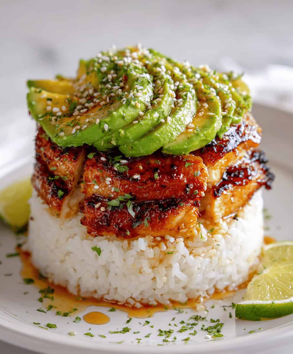 Honey Lime Chicken & Avocado Rice Stack - Runoflif